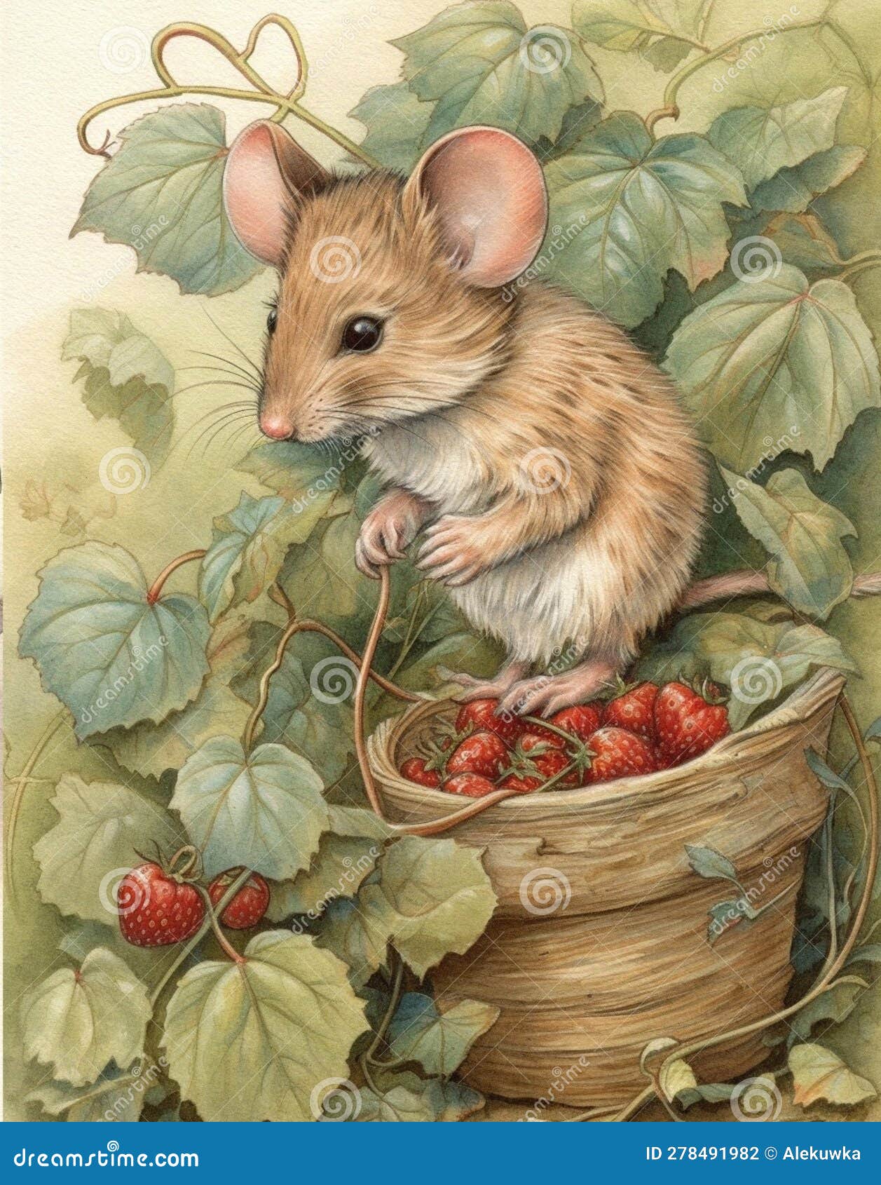 Watercolor Drawing Little Mouse Picking Berries in a Basket, Fairy ...