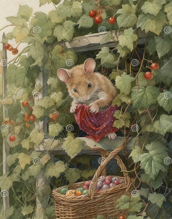 Watercolor Drawing Little Mouse Picking Berries in a Basket, Fairy ...