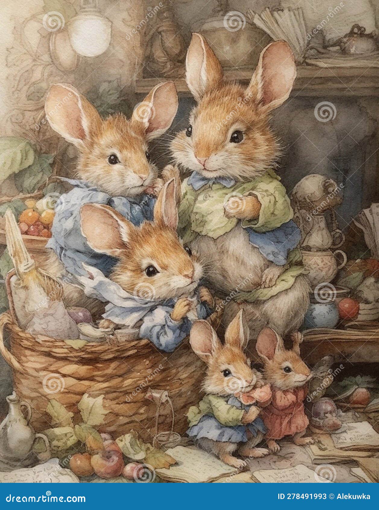 Watercolor Vintage Drawing Children S Book Illustration Family of Mice ...