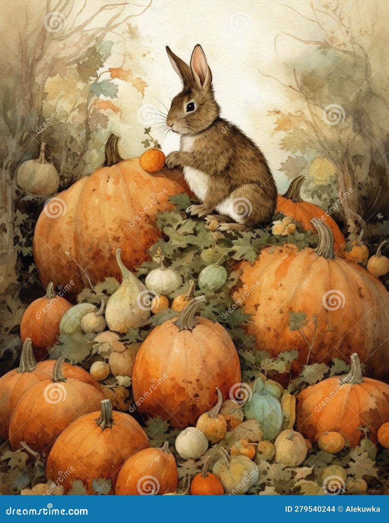 Watercolor Drawing of a Rabbit on Autumn Pumpkins, Thanksgiving Day ...