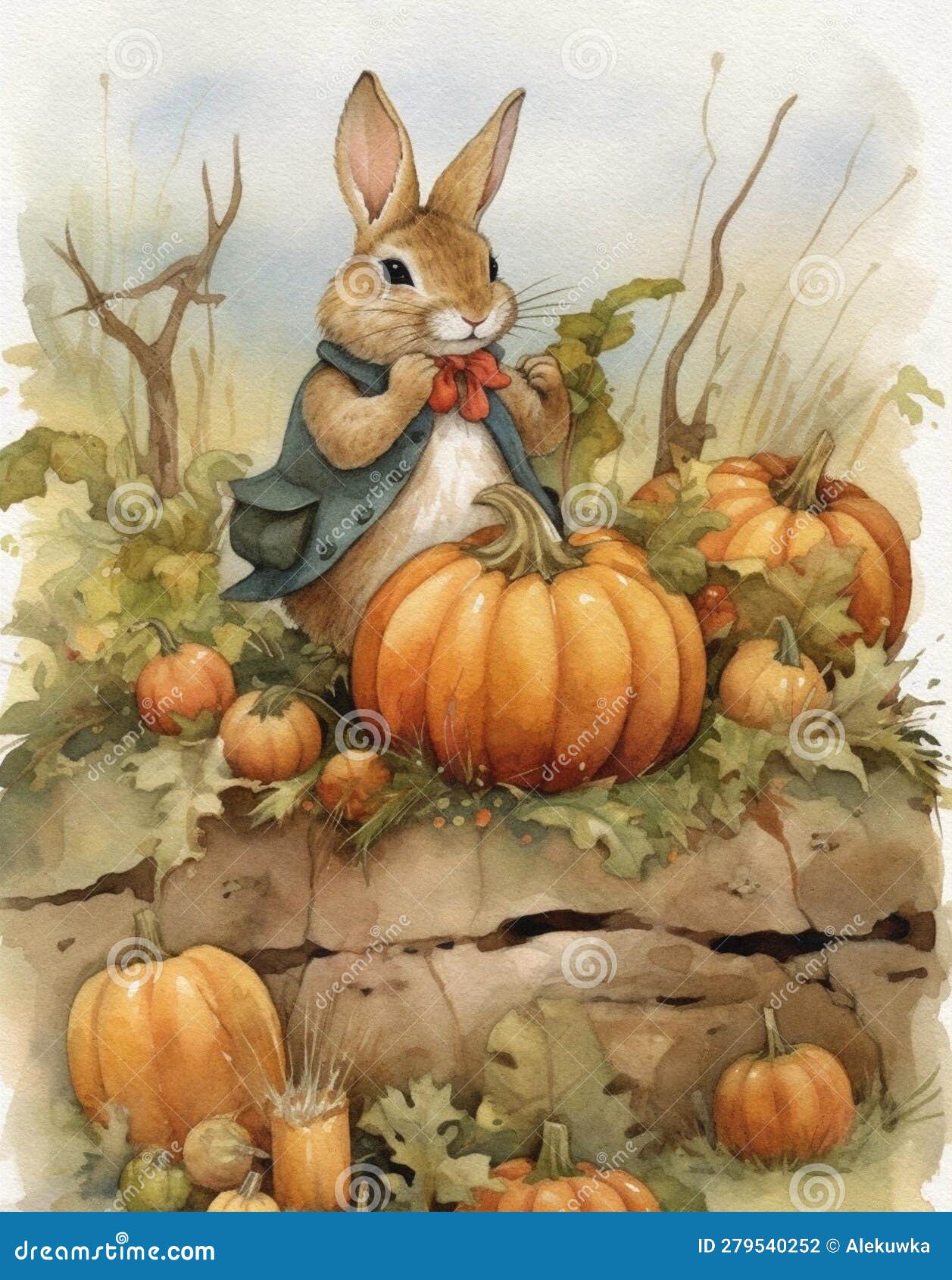 Watercolor Drawing of a Rabbit on Autumn Pumpkins, Thanksgiving Day ...