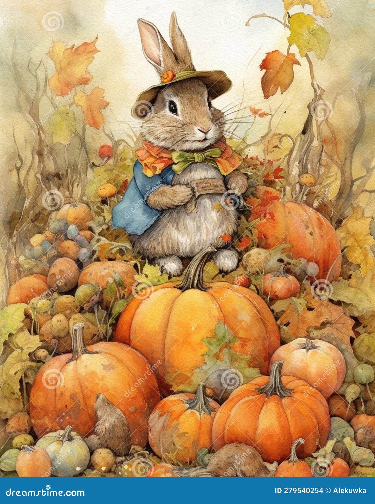 Watercolor Drawing of a Rabbit on Autumn Pumpkins, Thanksgiving Day ...