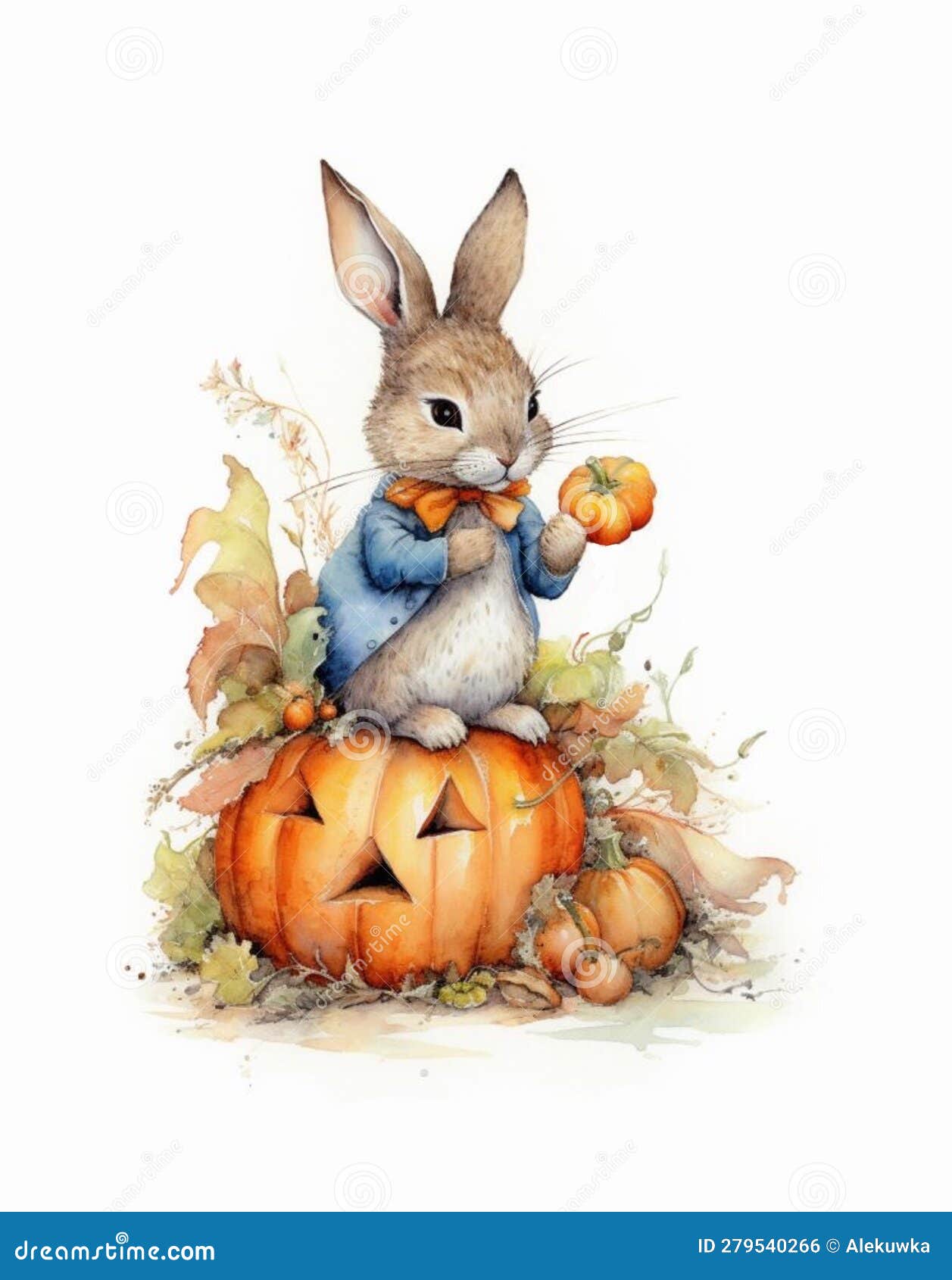 Watercolor Drawing of a Rabbit on Autumn Pumpkins, Thanksgiving Day ...