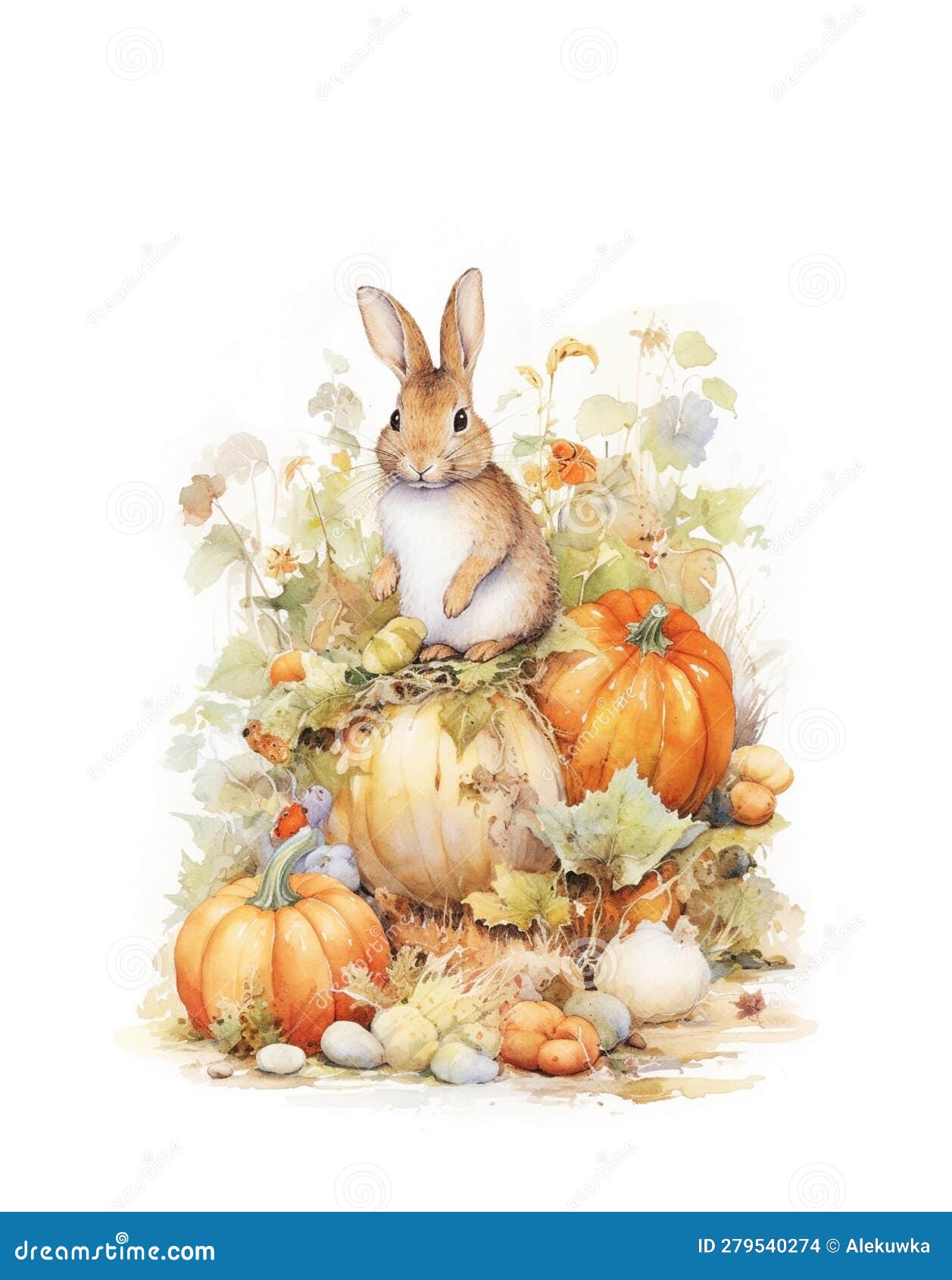 Watercolor Drawing of a Rabbit on Autumn Pumpkins, Thanksgiving Day ...