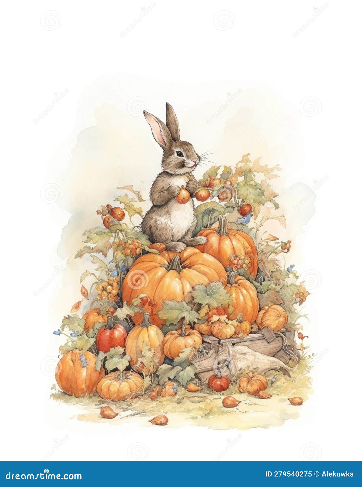 Watercolor Drawing of a Rabbit on Autumn Pumpkins, Thanksgiving Day ...