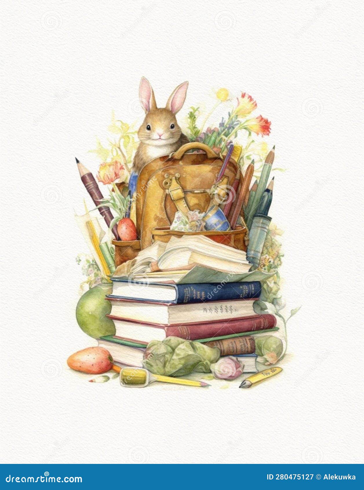 Watercolor Drawing of a Stack of Books and a Rabbit, School Supplies ...