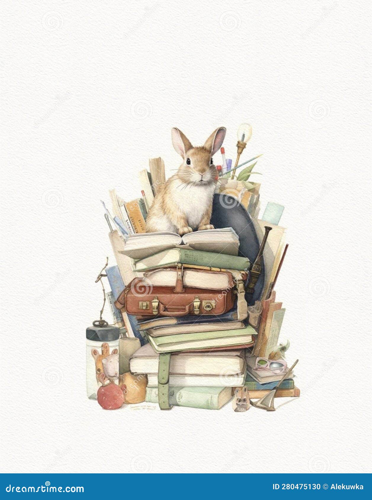 Watercolor Drawing of a Stack of Books and a Rabbit, School Supplies ...