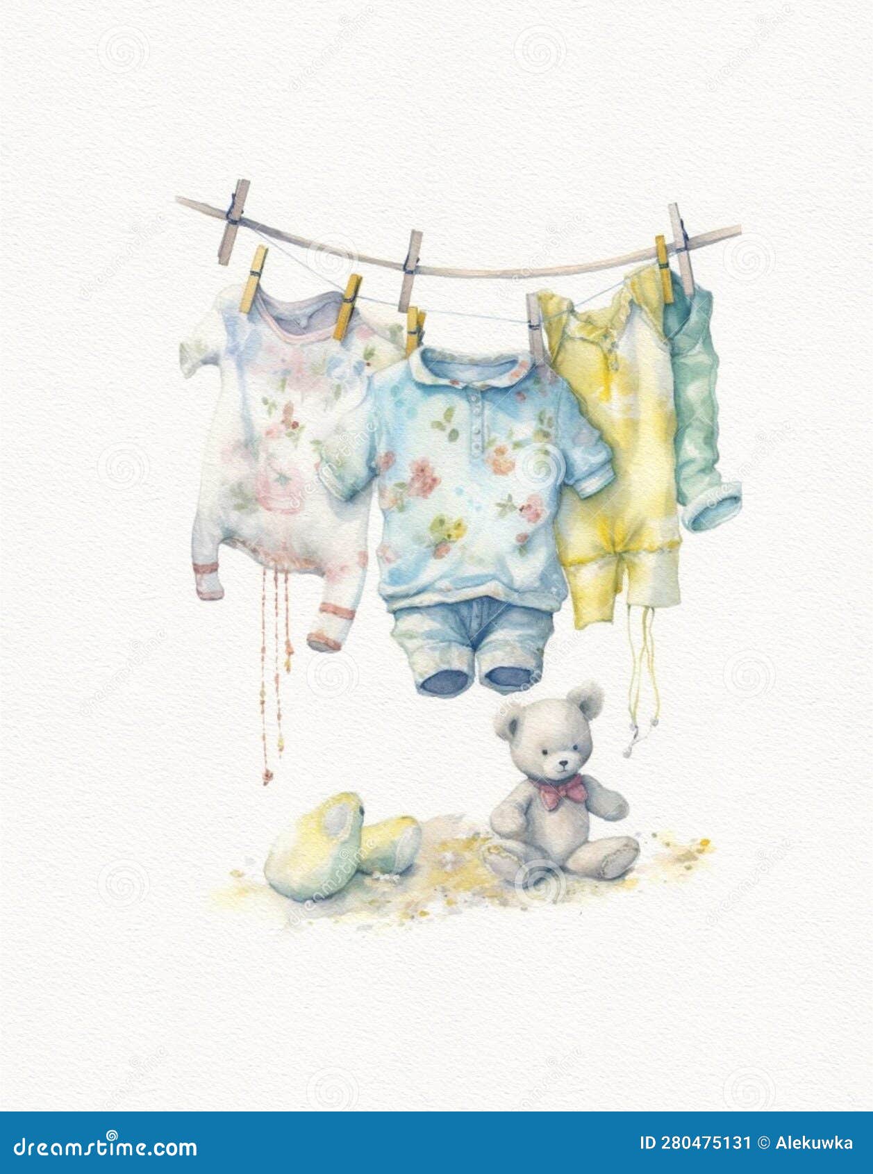 Watercolor Drawing Washing and Drying Baby Clothes, Clothes for ...