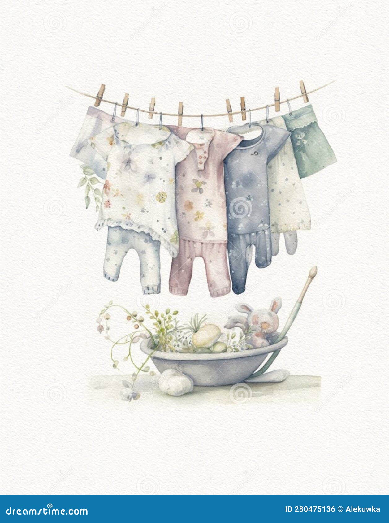 Watercolor Drawing Washing and Drying Baby Clothes, Clothes for ...