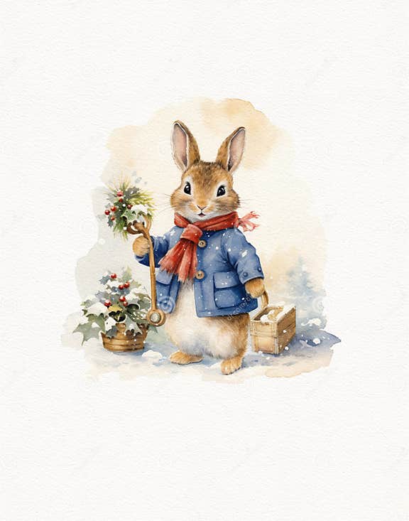 Watercolor Drawing of a Bunny on Winter Holidays, Christmas Bunny Stock ...