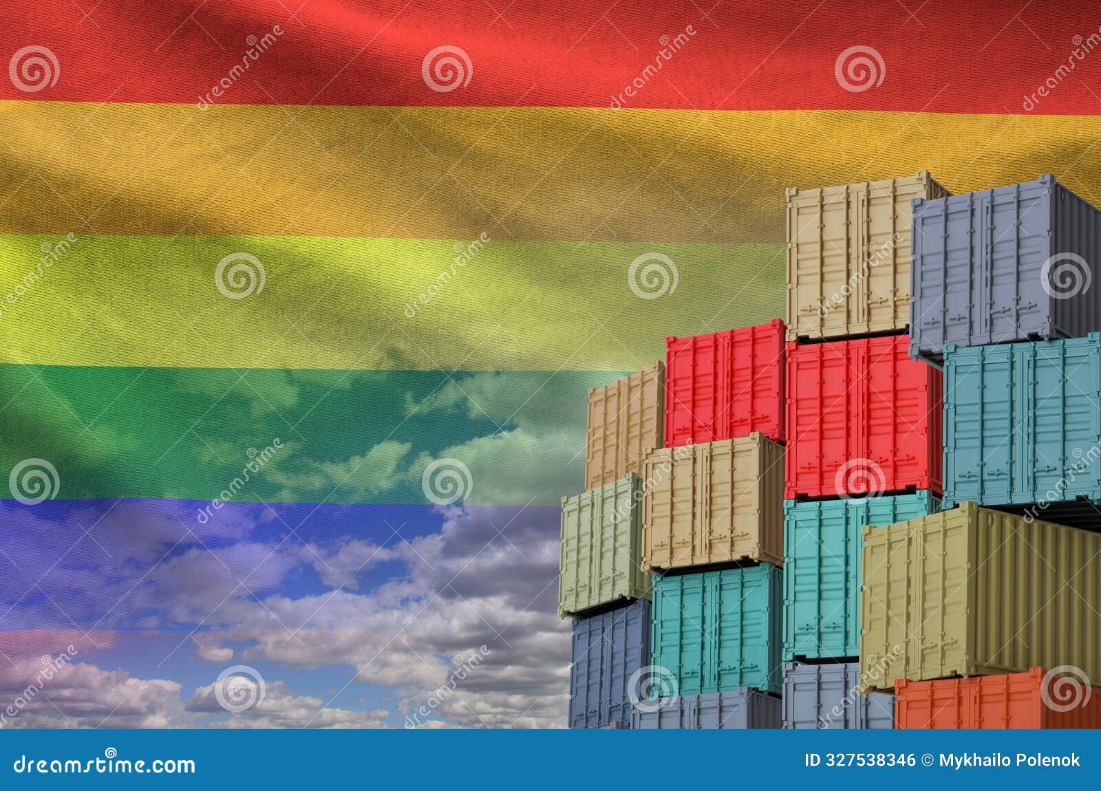 LGBT Community Flag and Big Stack of Shipping Cargo Containers in Docks with Sky Background ...