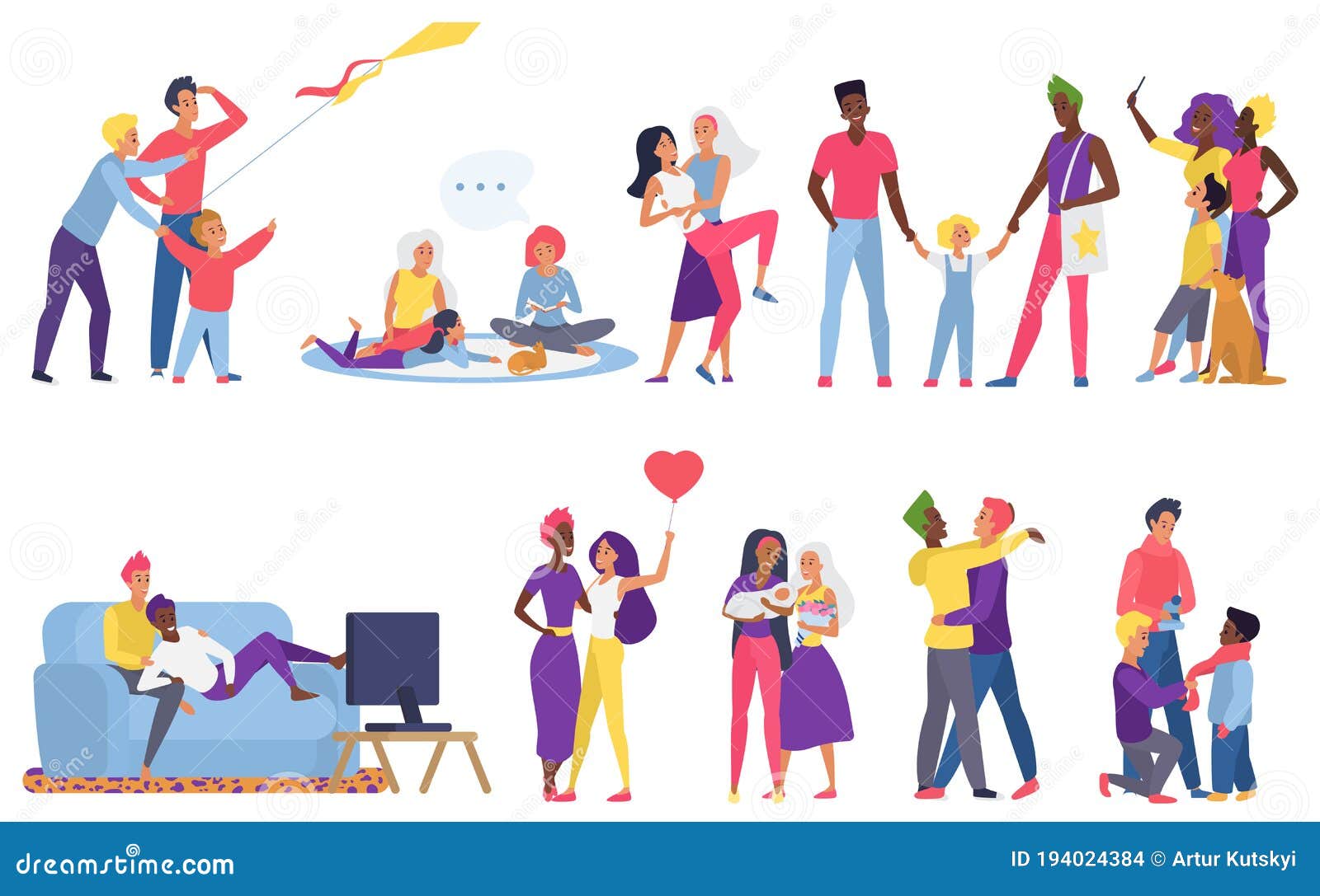 Lgbt Couple People Vector Illustration Flat Set Cartoon Happy Man