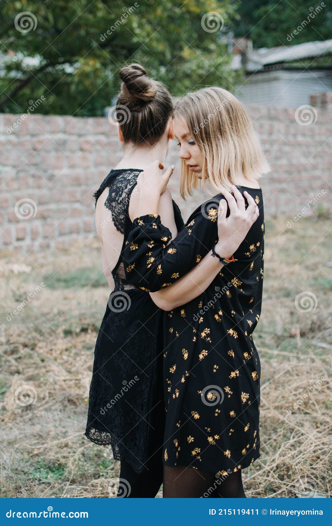Lgbt Lesbian Couple Love Moments Concept Two Young Lesbians Girls Hugging And Walking Outdoors