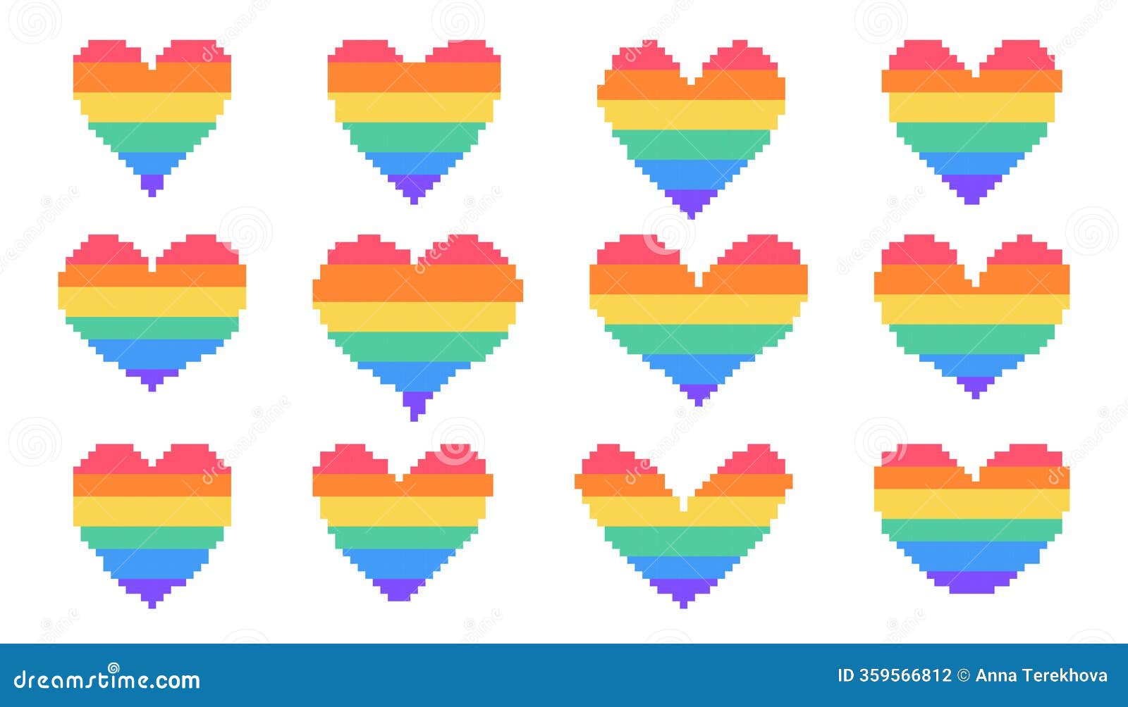 LGBT Pixel Heart Set Different Shapes. Multicolored 8 Bit Hearts on ...
