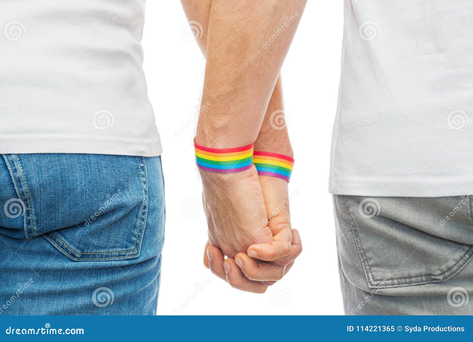 Male Couple With Gay Pride Rainbow Wristbands Stock Image Image Of