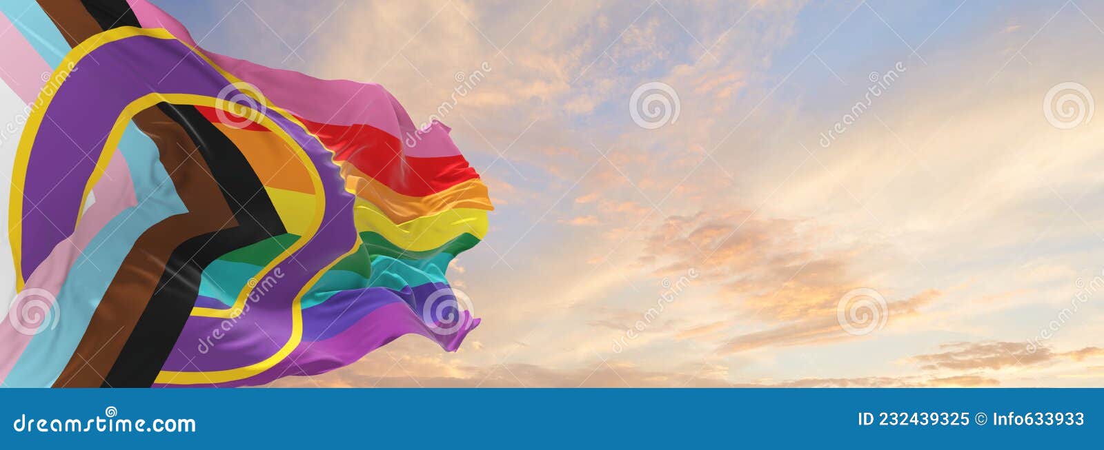Lgbtq Inclusive Progressive Pride Flag Waving In The Wind At Cloudy Sky