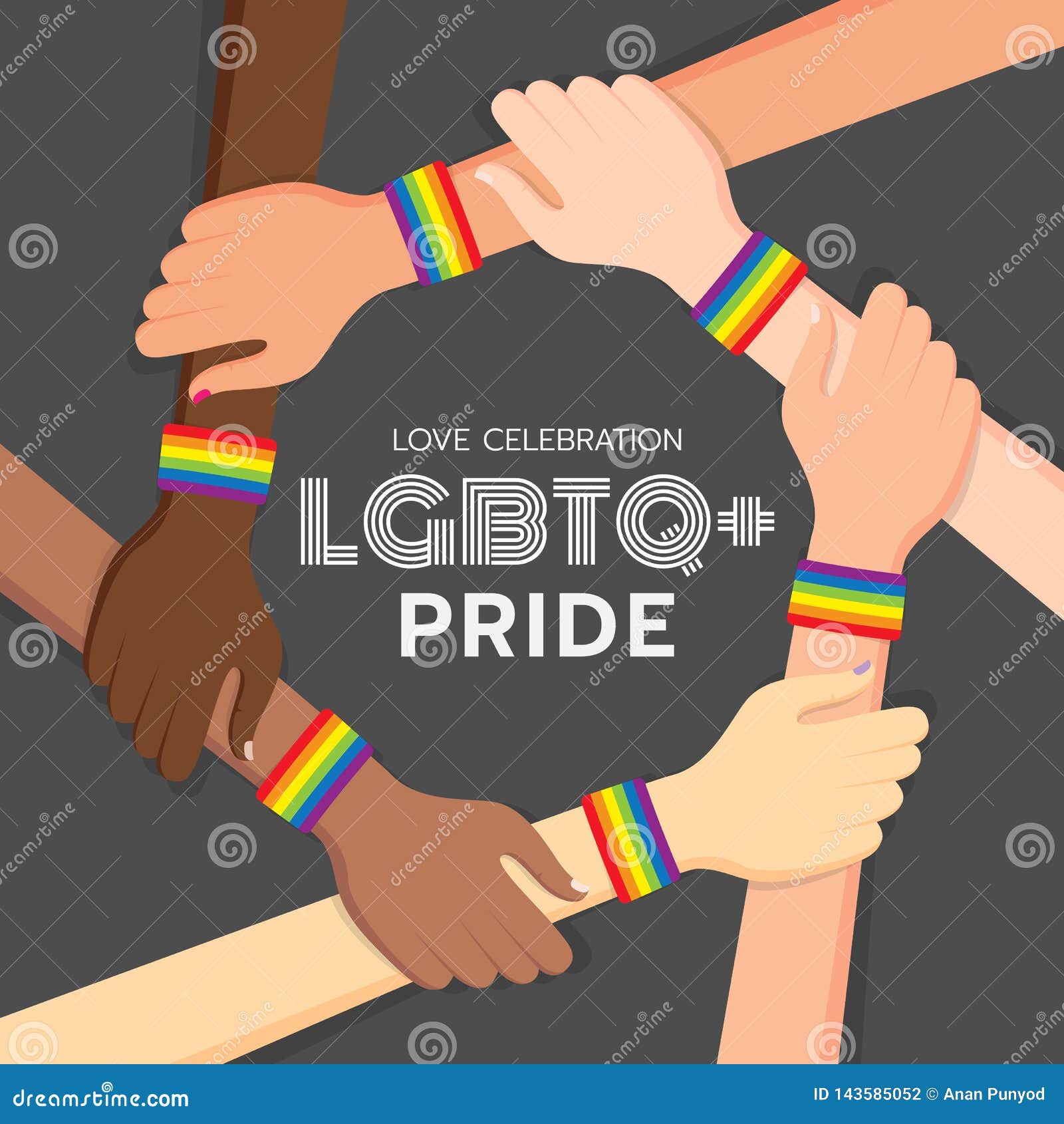 Lgbtq Pride Banner With Hand Wear Rainbow Wristband Around Circle On