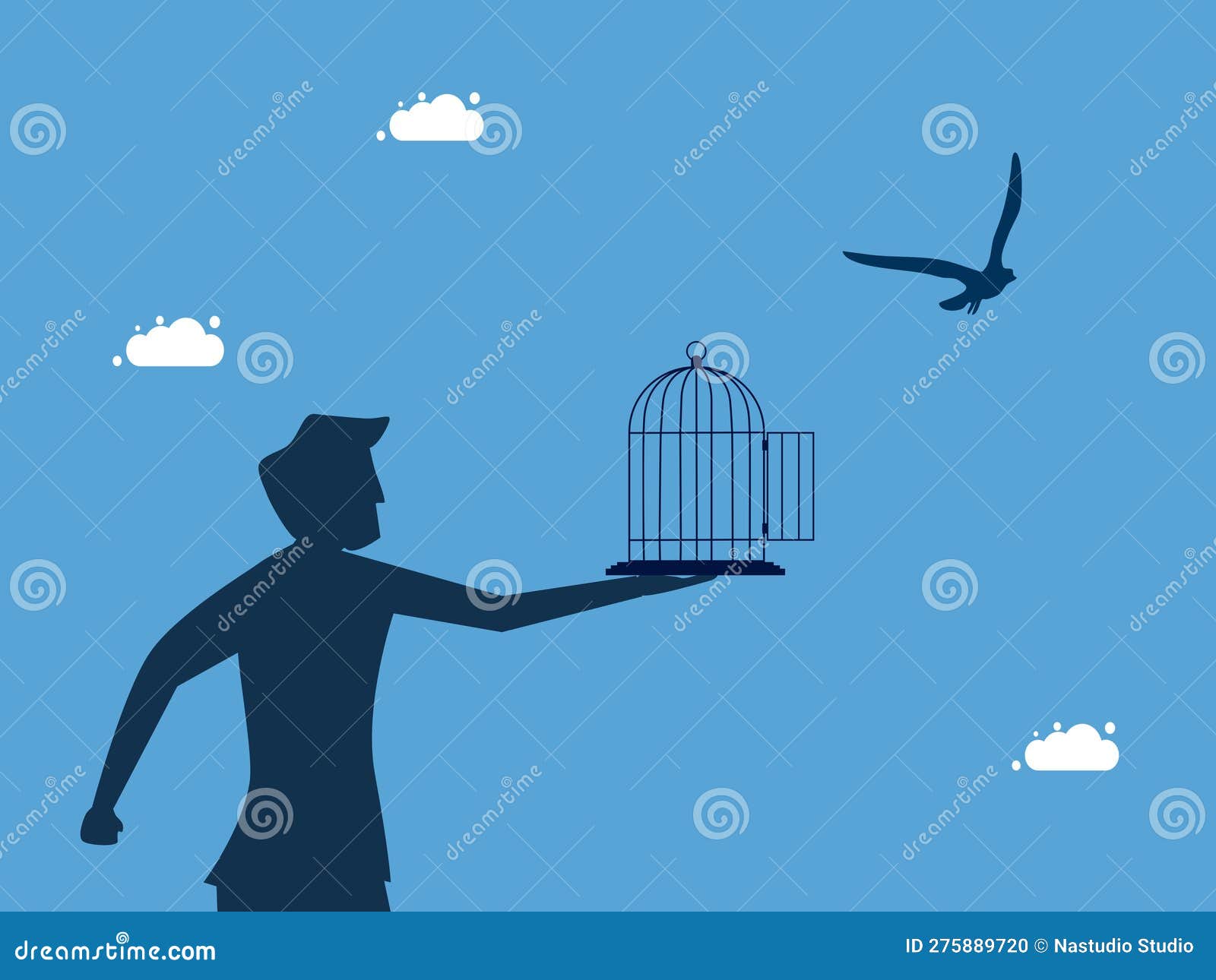 Liberation and Freedom. Man Releases the Bird from the Cage Stock ...