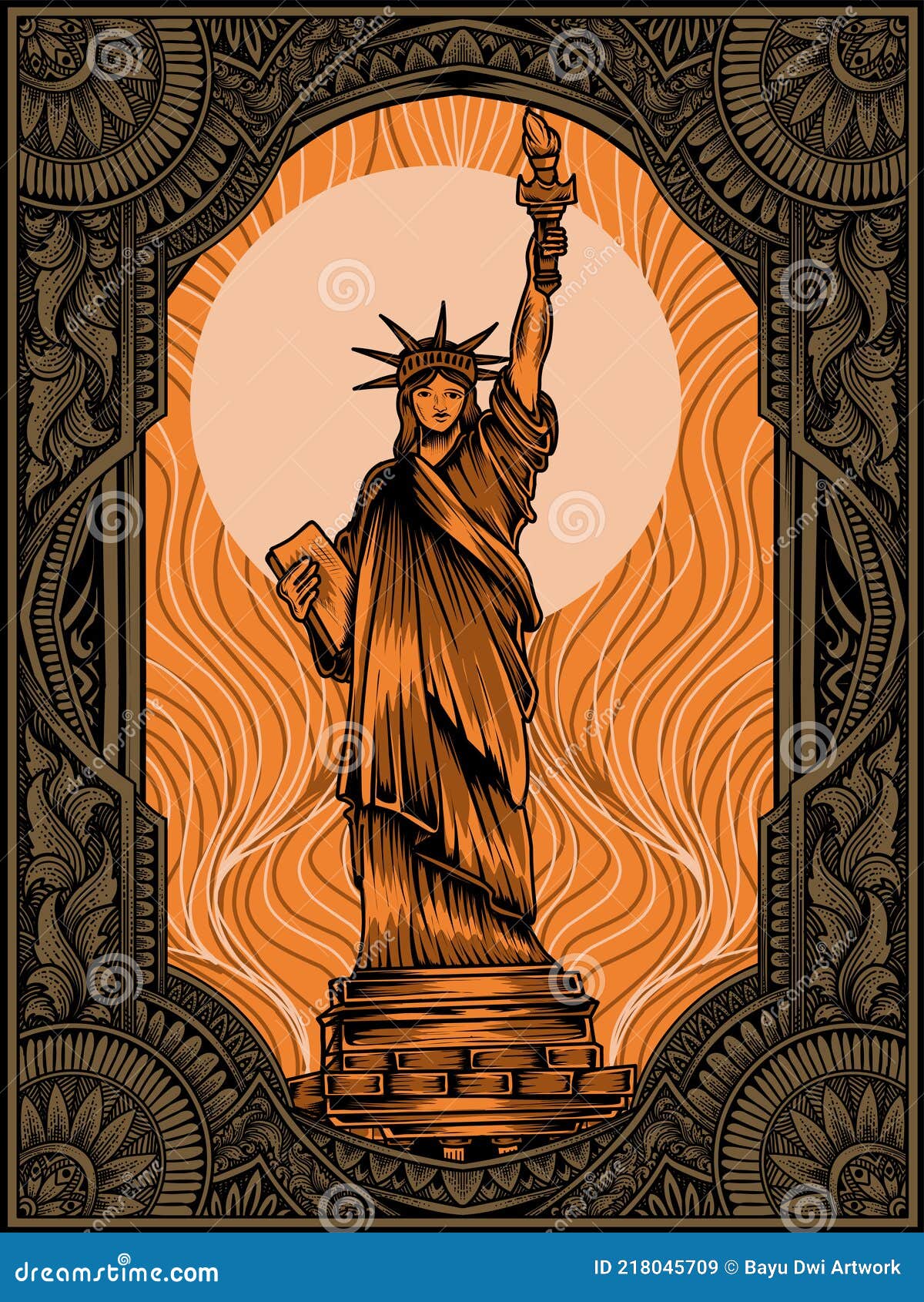 Liberty Statue on Vintage Engraving Ornament Stock Vector ...