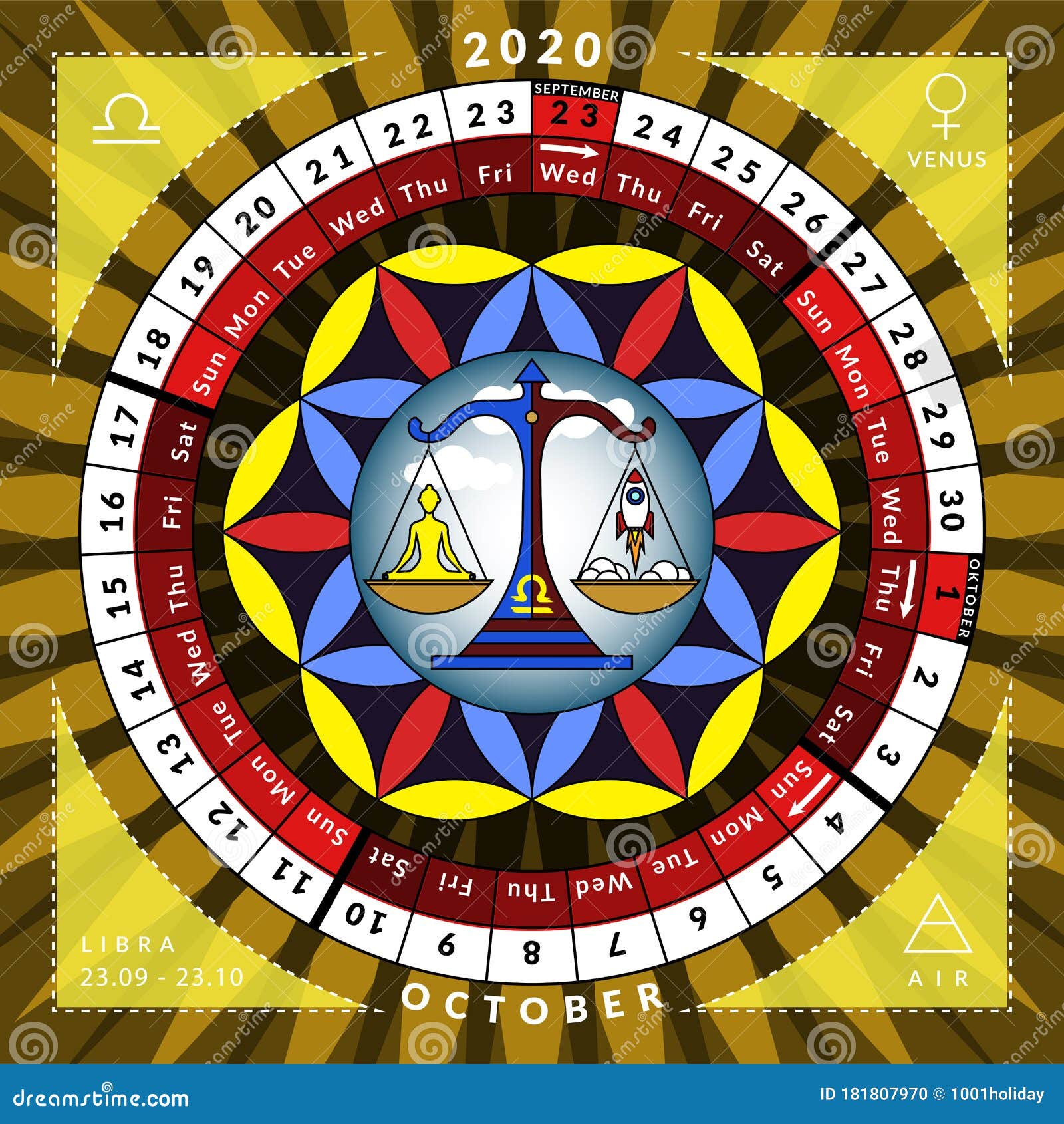 Libra Zodiacal Circle Caledar of Year 2020 with Features Stock Vector ...