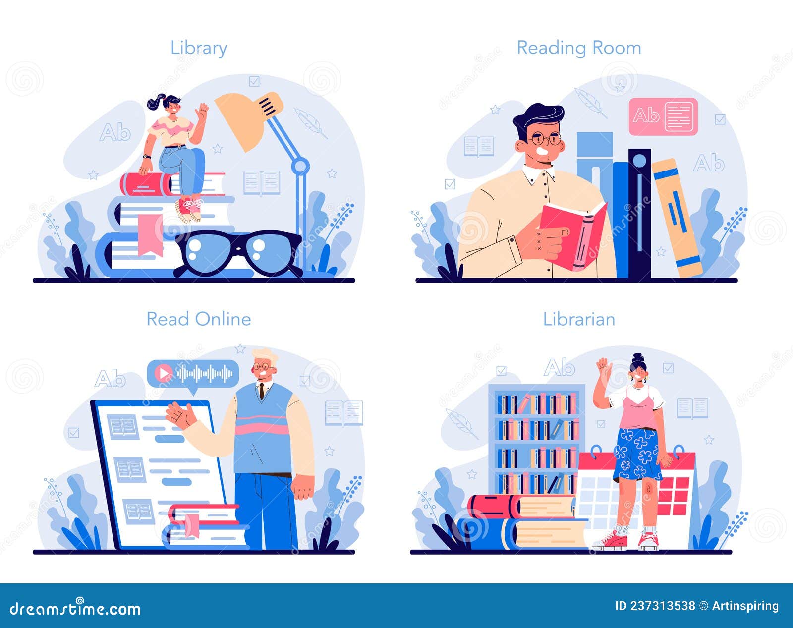 Librarian Concept Set. Library Staff Cataloguing and Sorting Books ...