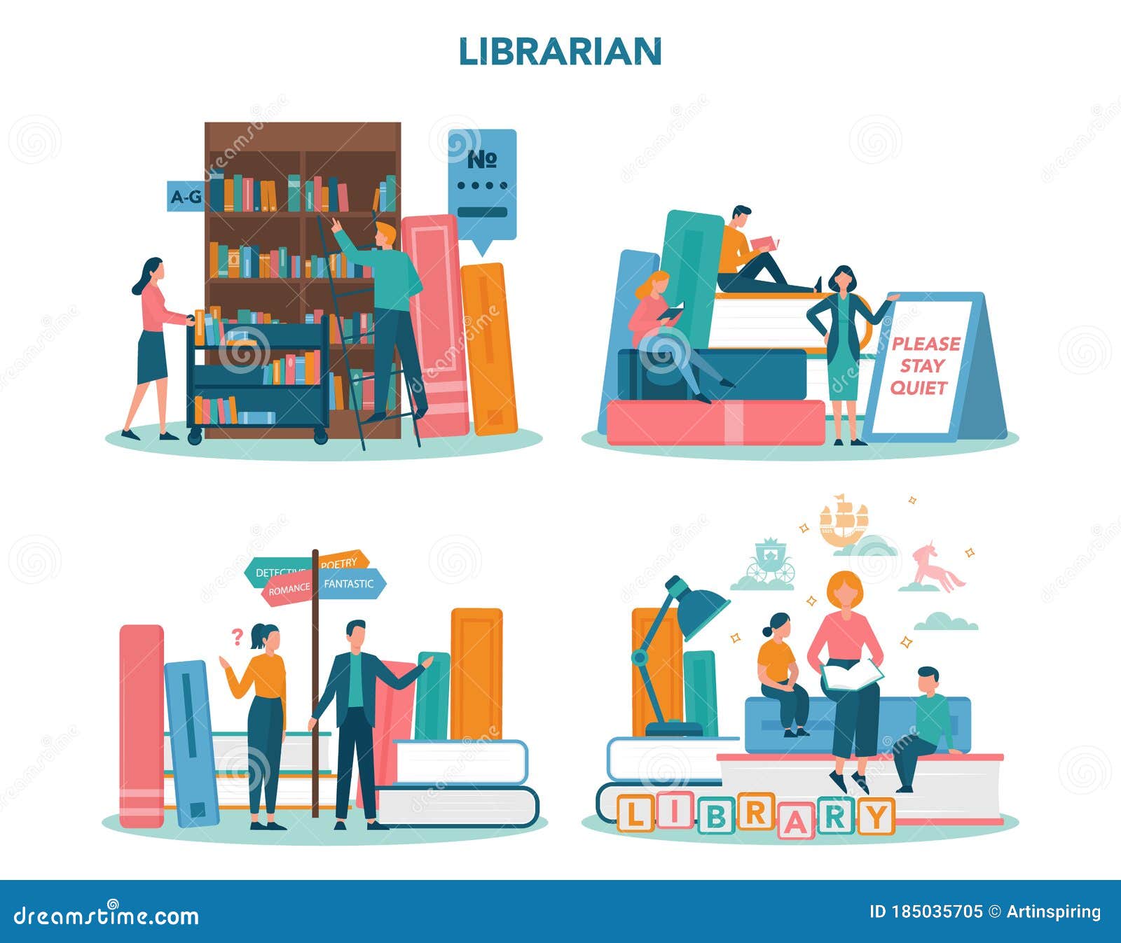 Librarian Concept Set. Library Staff Holding and Sorting Book Stock ...