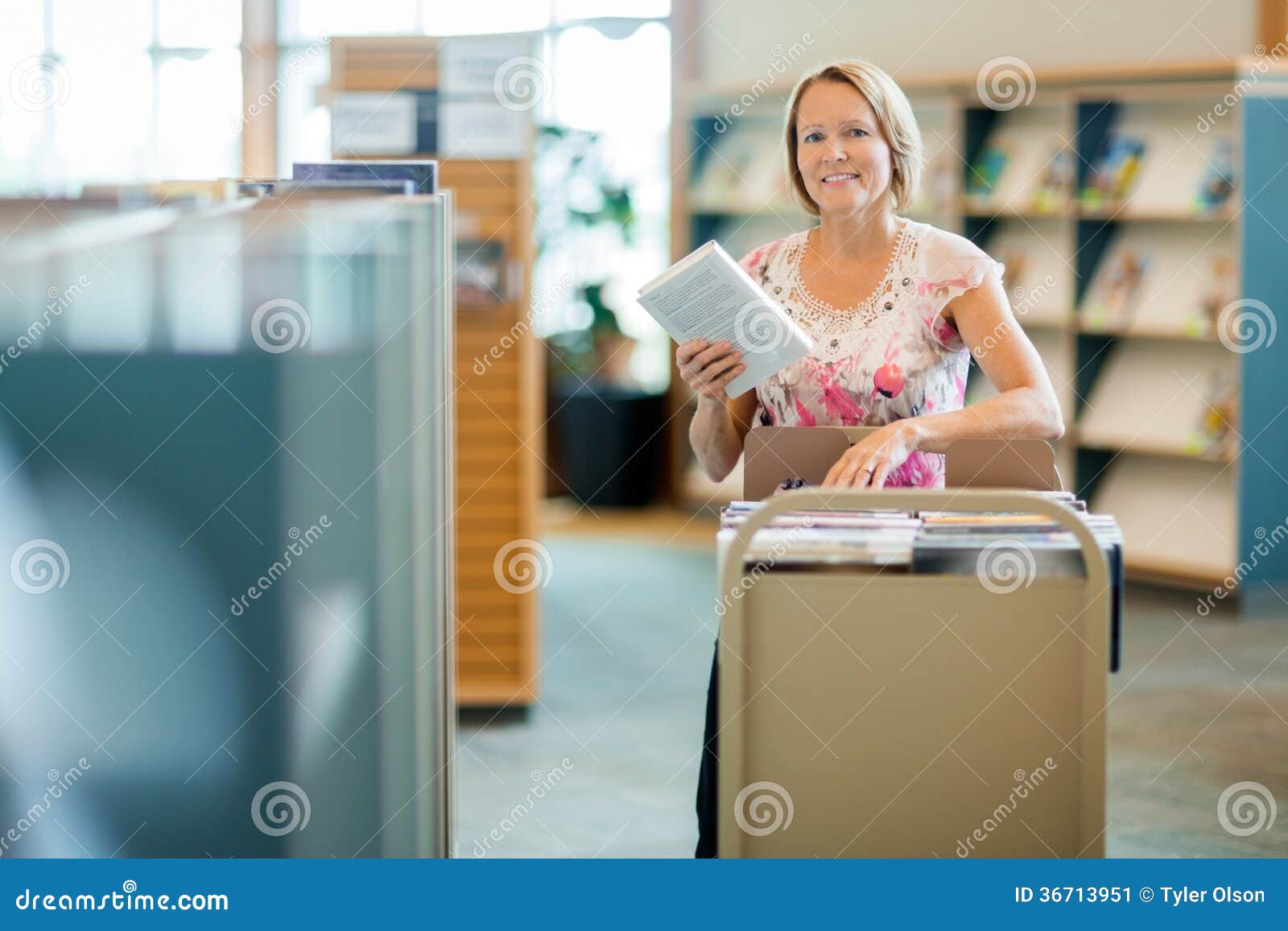 Librarian with Trolley of Books in Library Stock Image - Image of ...