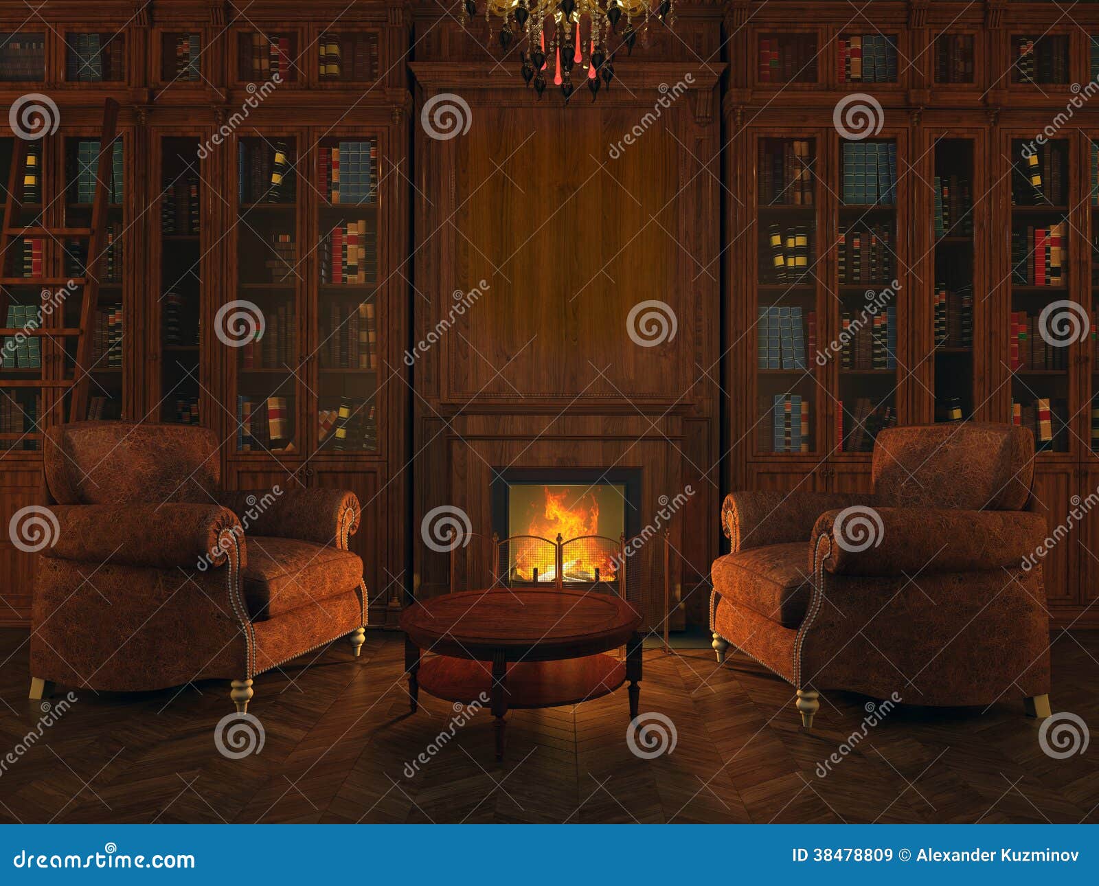 Libraries Around the Fireplace Stock Illustration - Illustration of ...