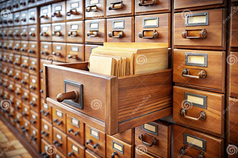 Library or Archive Reference Card Catalog with Opened Drawer Stock ...