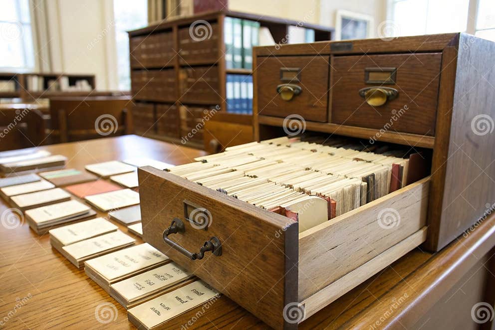 Library or Archive Reference Card Catalog with Opened Drawer Stock ...