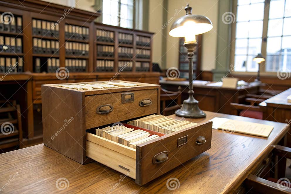Library or Archive Reference Card Catalog with Opened Drawer Stock ...