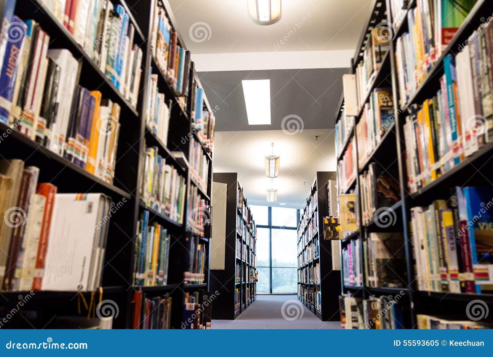 Library Book Shelf Aisles With Focus On The Far End Bright Window With ...