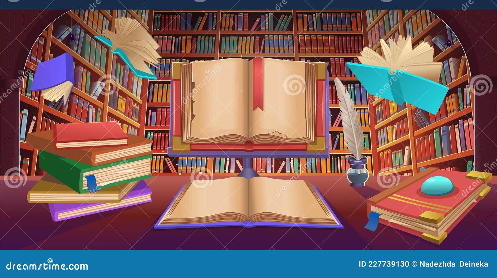 Library Book Shelves with Flying Books, Stack of Books, Old Open Book ...