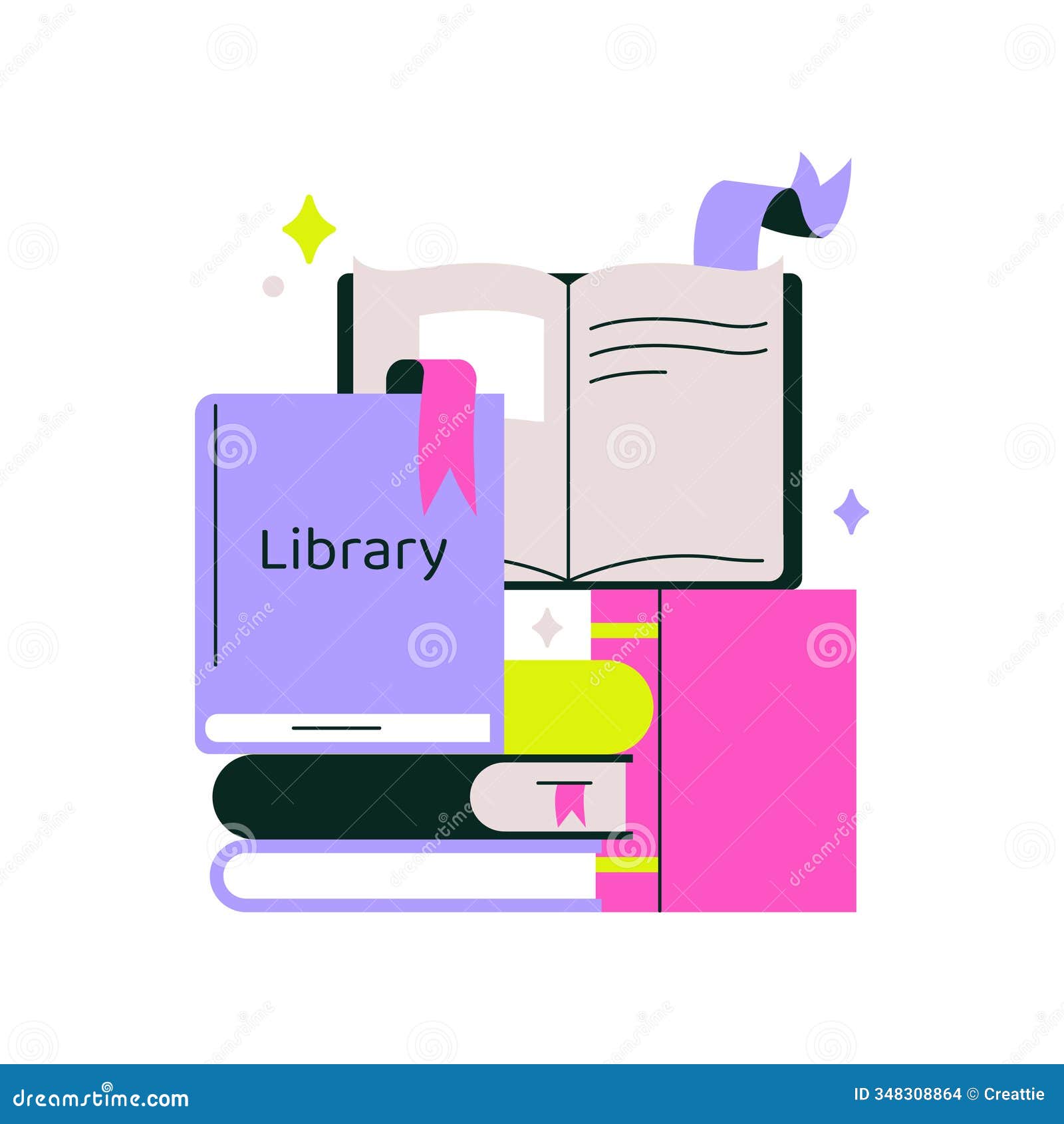 Library Books and Open Book in Flat Vector Illustration Symbolizing ...