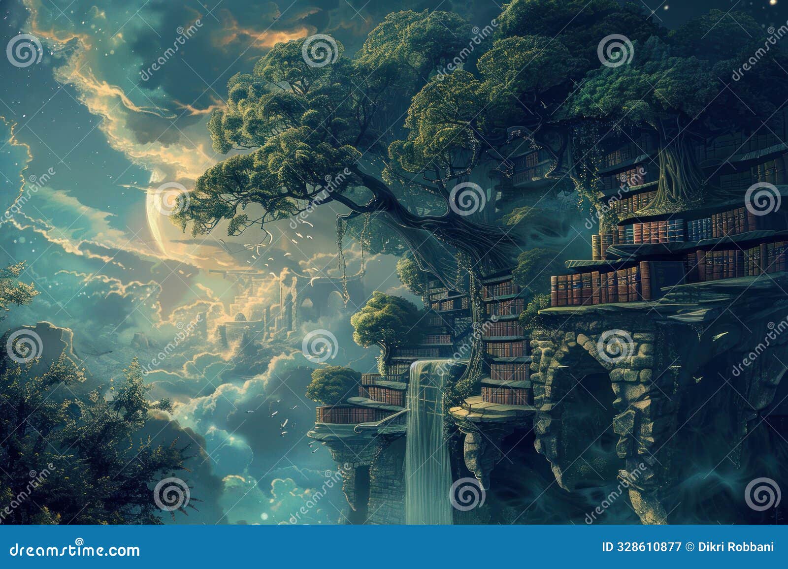 The Library in the Clouds: a Fantasy Landscape Stock Illustration ...