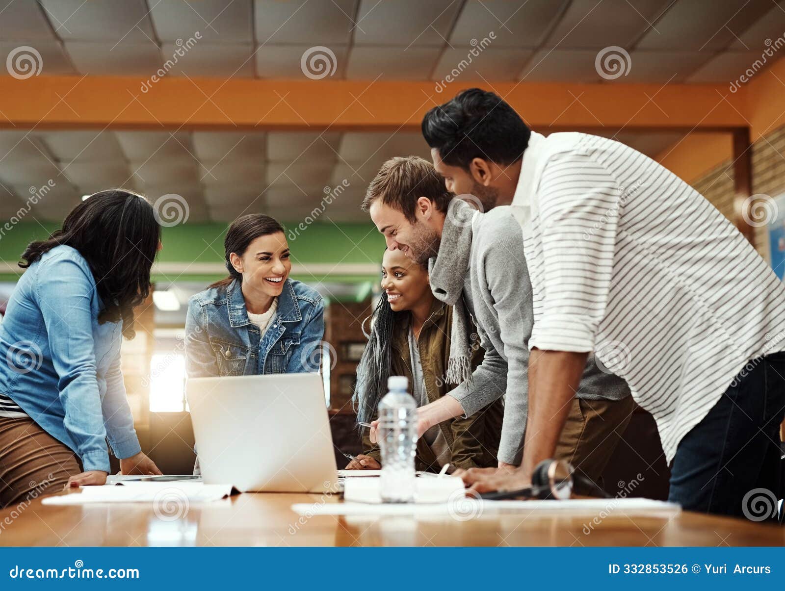 Library, College Student and Group Assignment with Laptop for Research ...