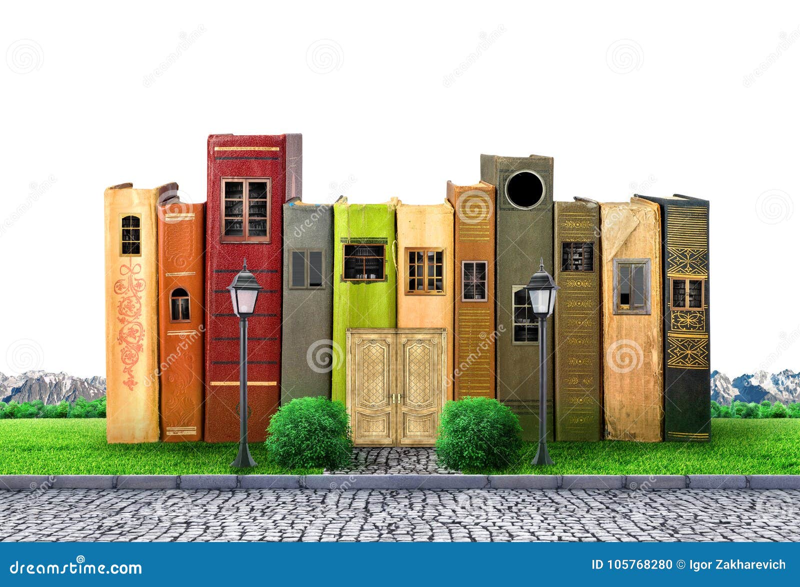 The Library Concept. Stack of Books As Library Building on White Stock ...