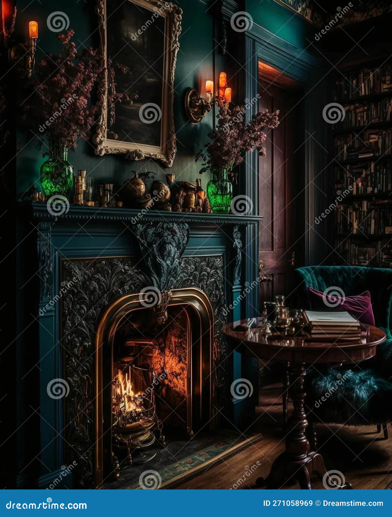 The Library is Dark Blue and Has a Dark Blue Floor. Stock Illustration ...