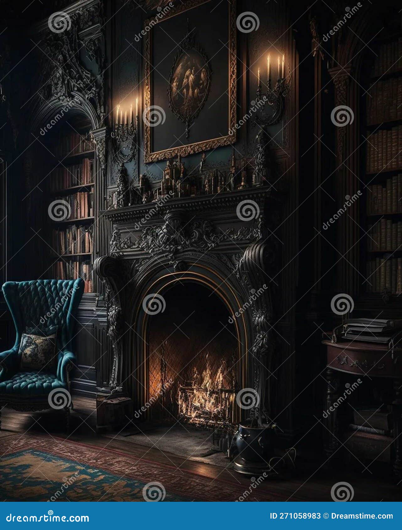The Library is Dark Blue and Has a Dark Blue Floor. Stock Illustration ...