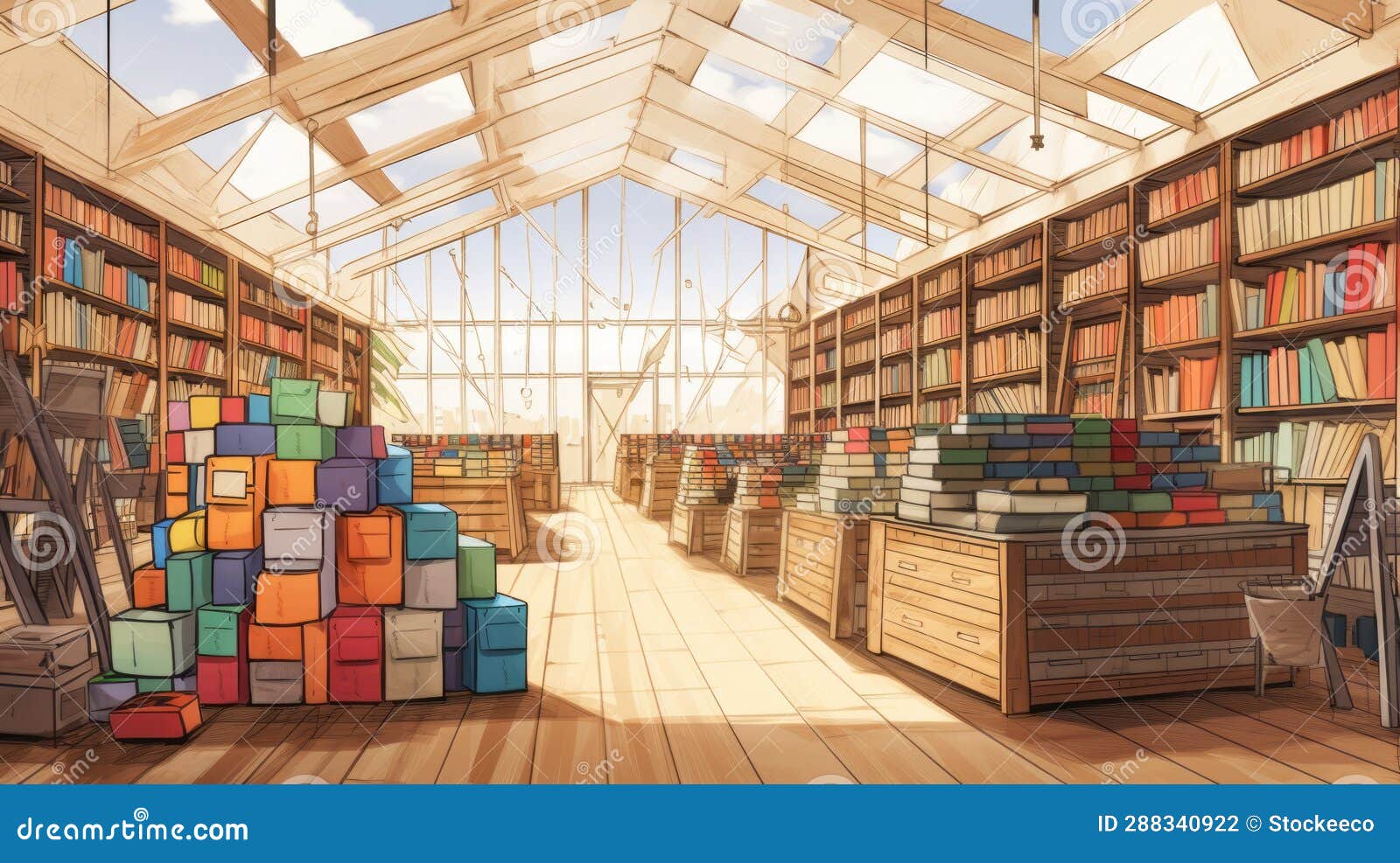 Translucent Plein-air Illustration of a Room Filled with Books and ...