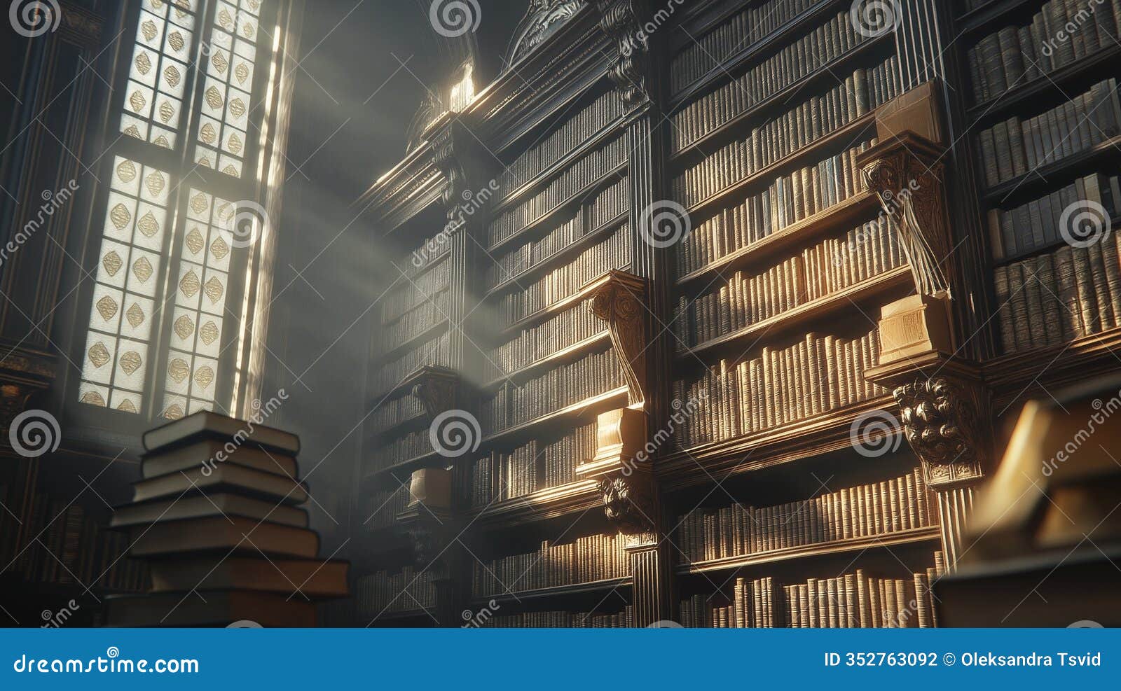 Library Filled with Sunlight Streaming through Tall Windows Stock Photo ...