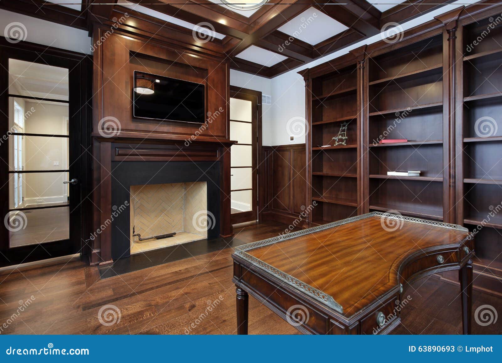 Library with fireplace stock image. Image of desk, residence - 63890693