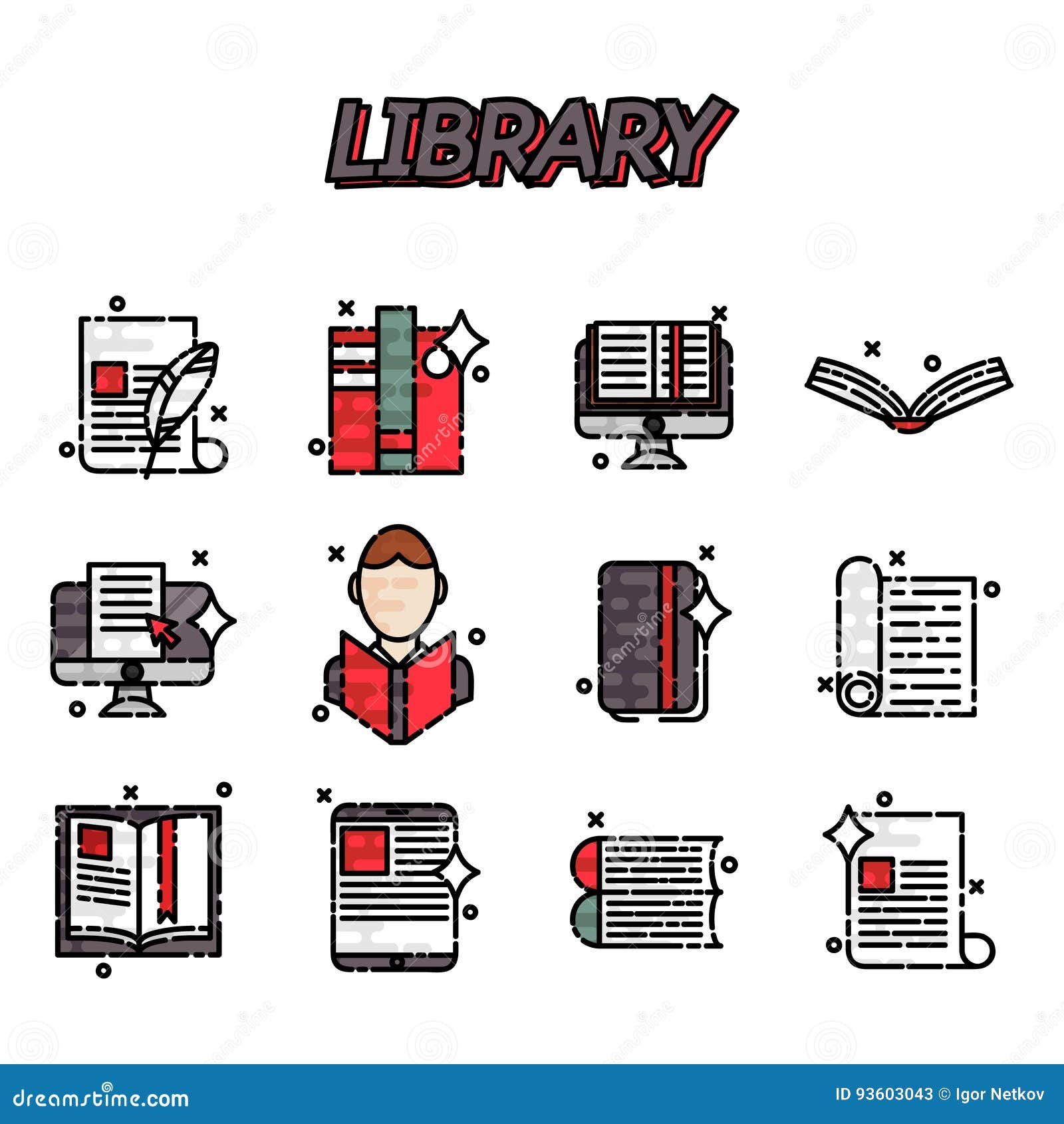 Library flat icons set stock vector. Illustration of furniture - 93603043