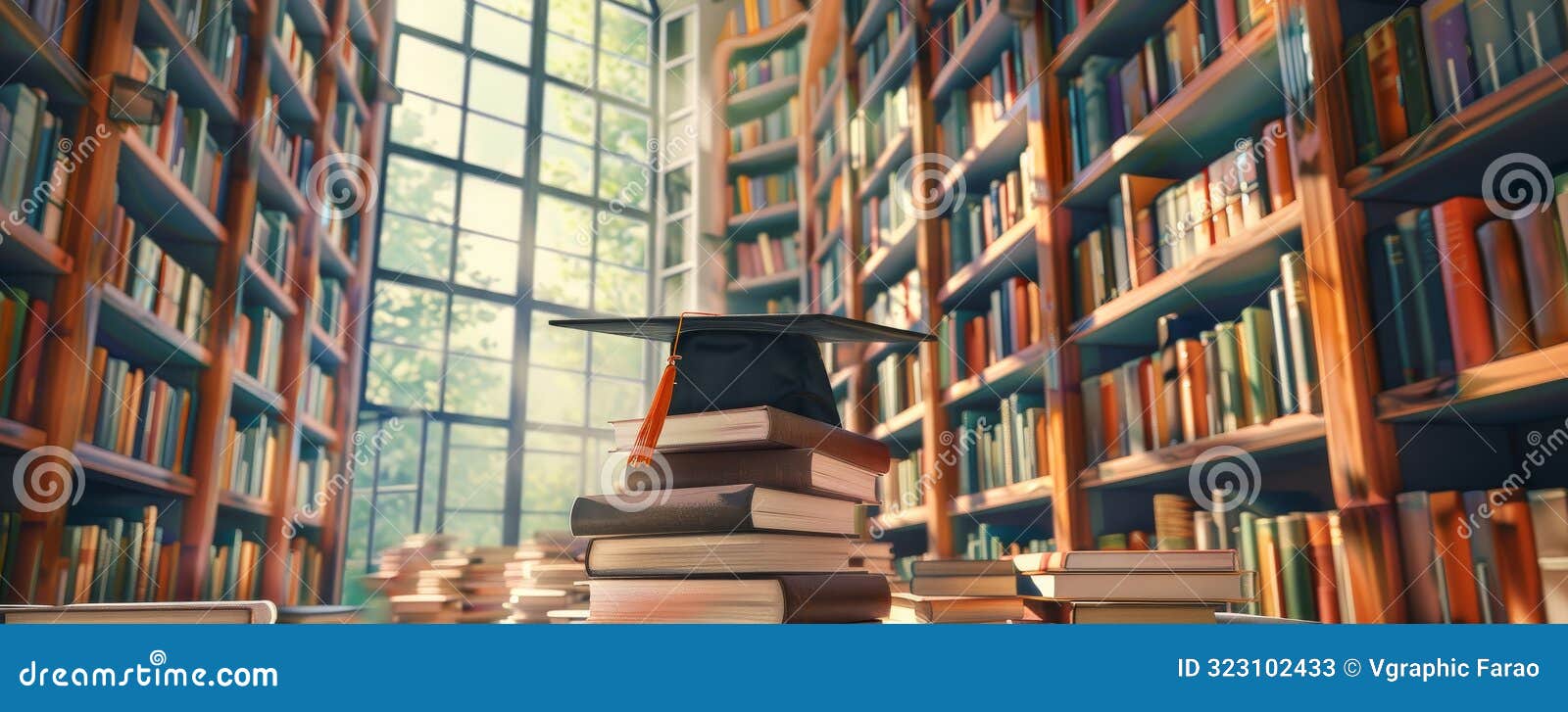 Library with a Graduation Cap on a Stack of Books, Knowledge and ...