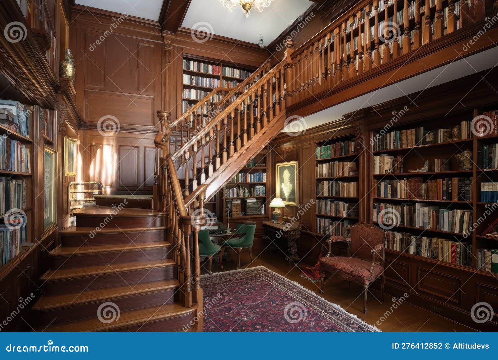 Library with Grand Staircase, Leading To Second Floor Stock ...