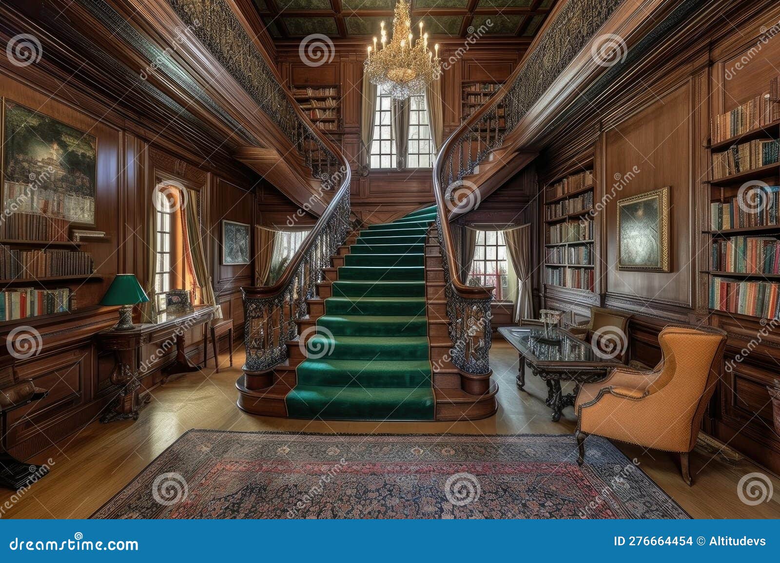 Library with Grand Staircase, Leading To Second Floor Stock Photo ...