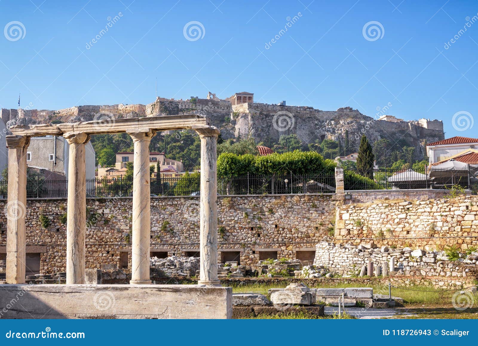 Library of Hadrian Overlooking Famous Acropolis, Athens Stock Image ...