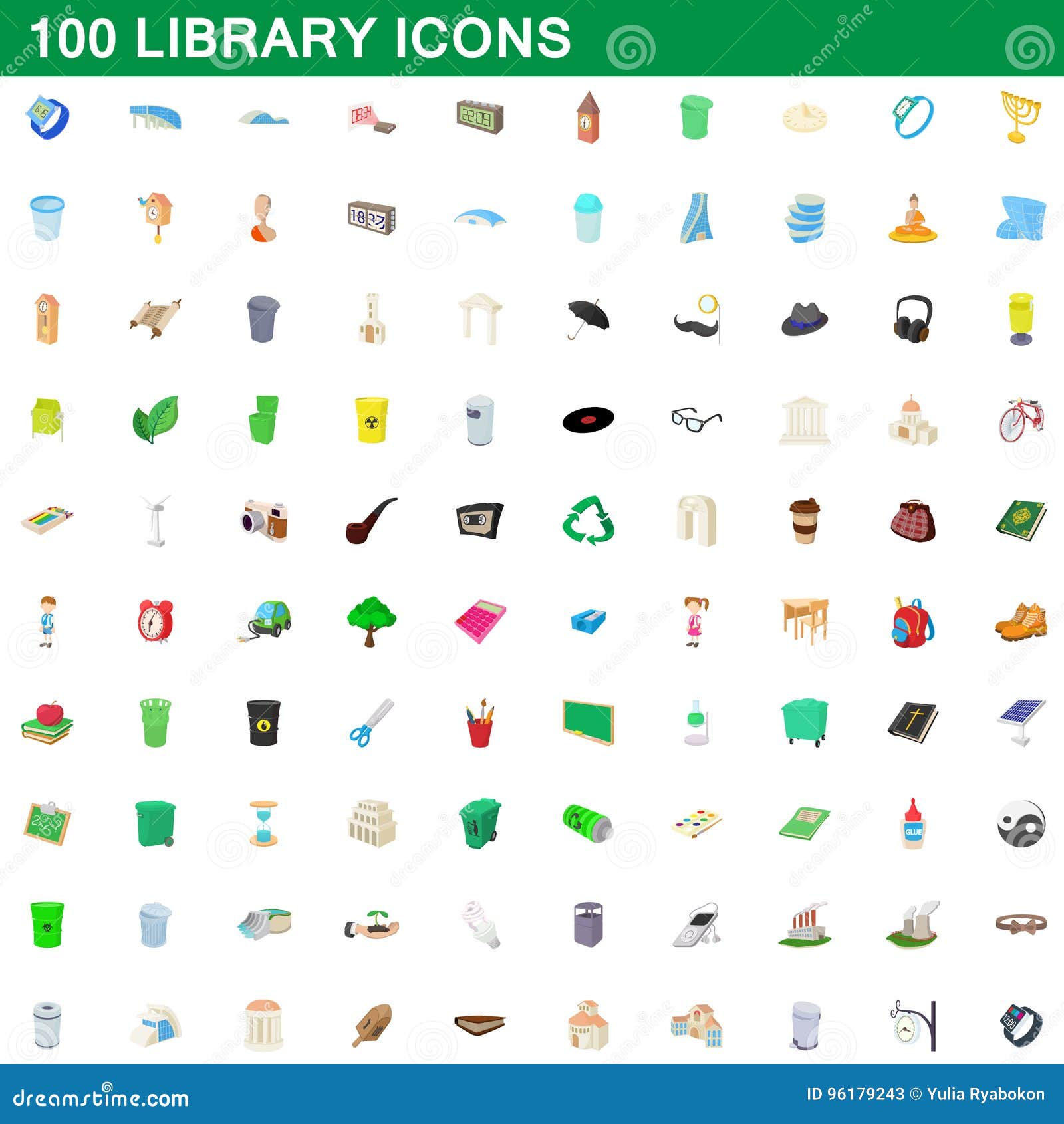 100 Library Icons Set, Cartoon Style Stock Vector - Illustration of ...