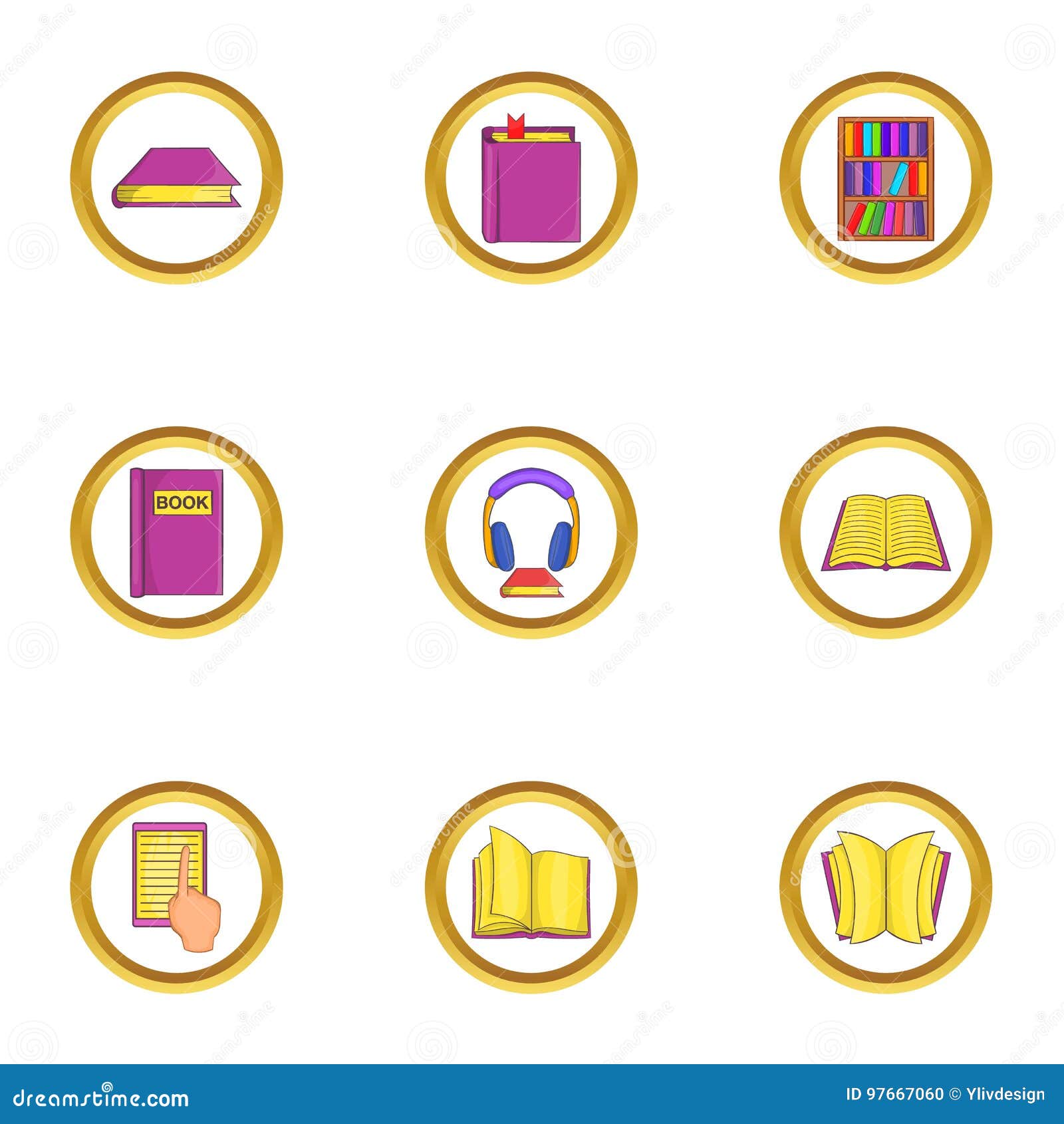 Library Icons Set, Cartoon Style Stock Vector - Illustration of object ...
