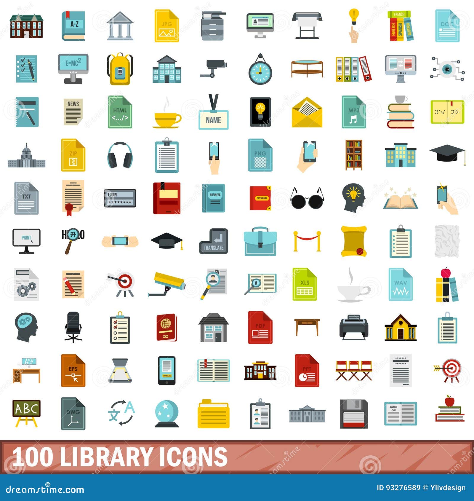 100 Library Icons Set, Flat Style Stock Vector - Illustration of ...